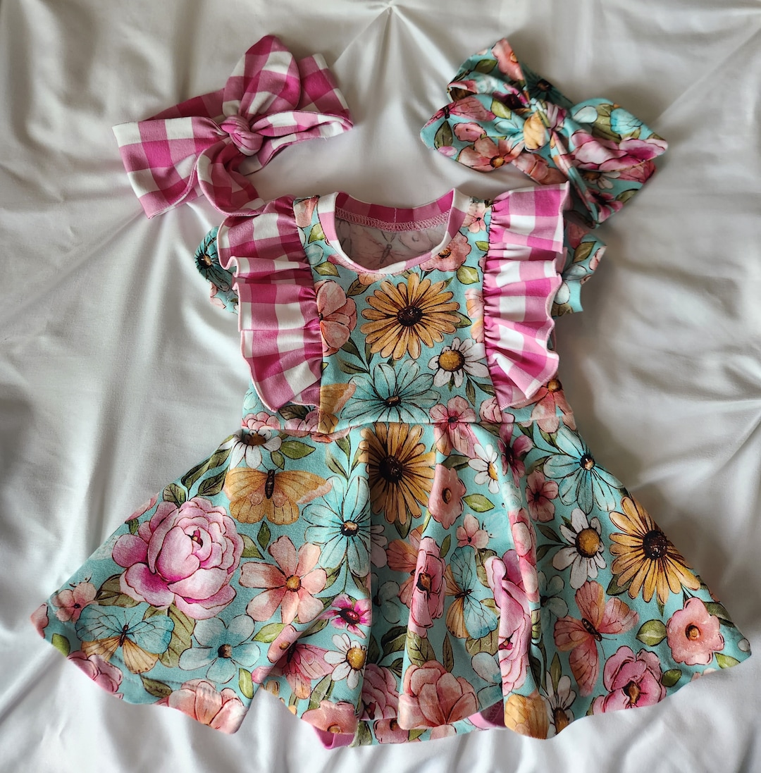 Baby Girl Ruffle Dress, Matching Headband, Floral, Pink, Baby Shower ...