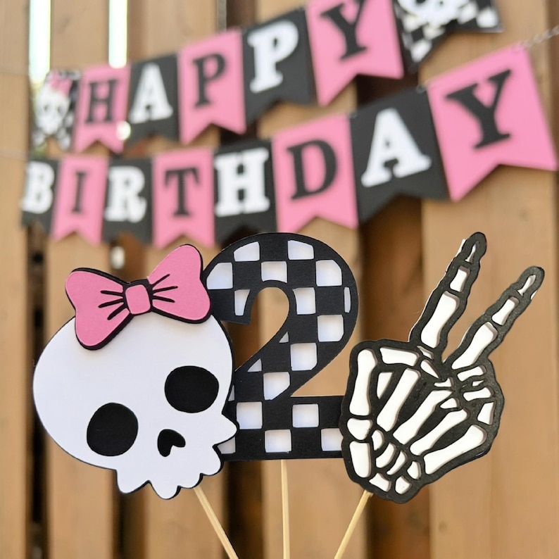 Custom Checker Skull Cupcake Toppers | Girls Bad Two the Bone Birthday ...