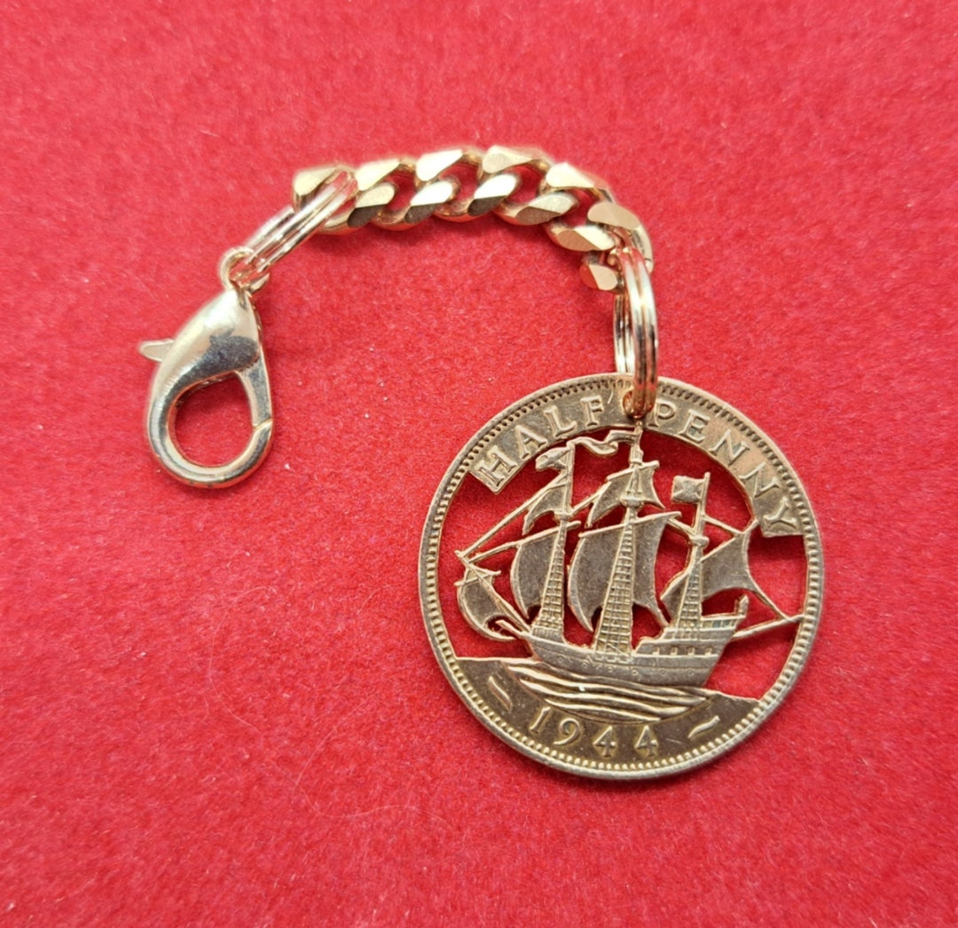 Clipper Ship Zipper Pull, British Half Penny, Hand Cut Coin Jewelry ...