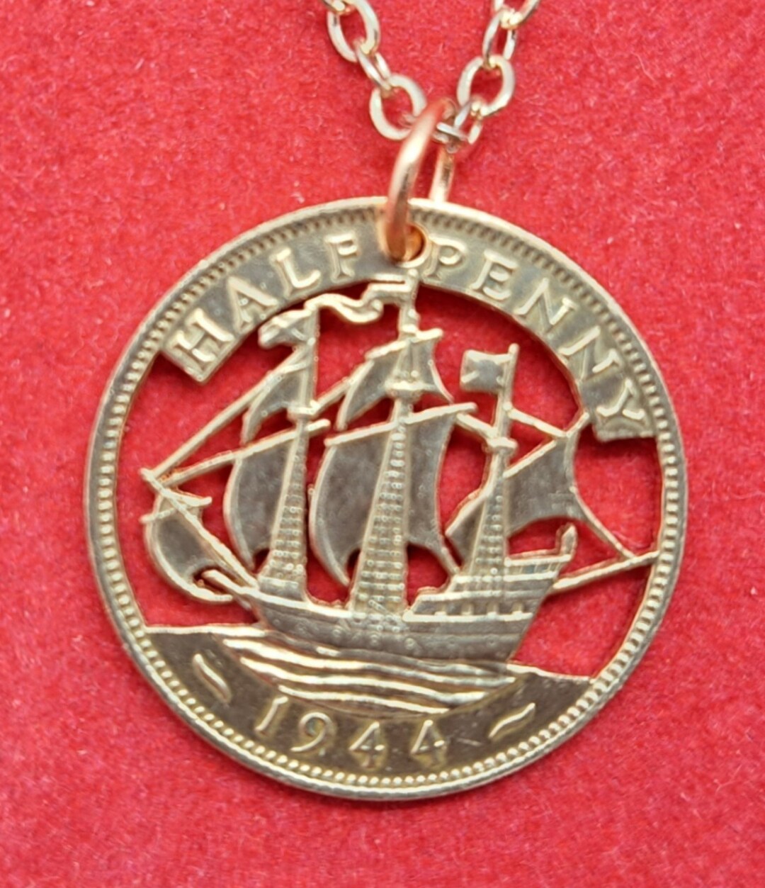 Sailing Ship Pendant, British Half Penny Coin, Cut Coin Jewelry ...