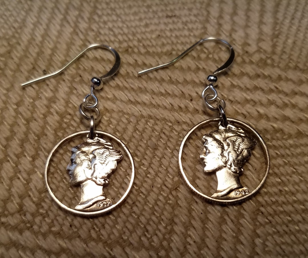 Mercury Earrings, Dangle Earrings, 900 Silver, Hypo-allergenic Silver-plated Wires, Cut Coin ...