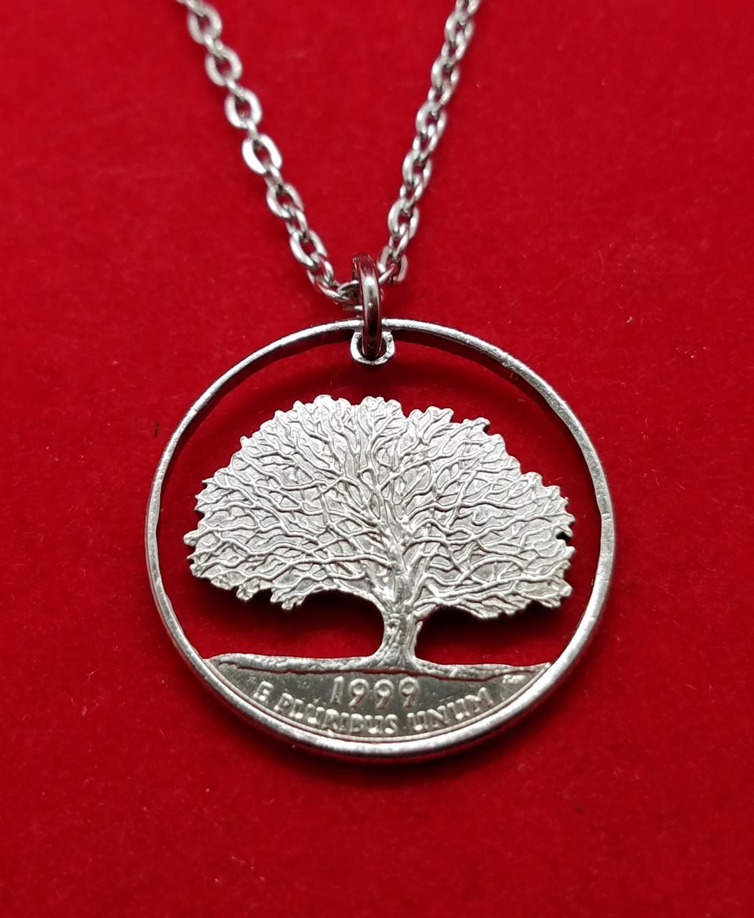 Tree of Life Pendant, US Connecticut State Quarter, Cut Coin Jewelry ...
