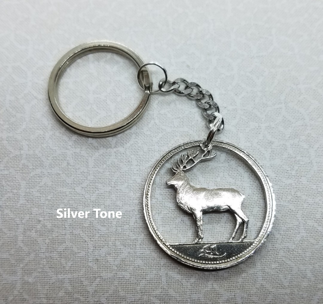 Irish Red Deer Key Chain, Irish 1 Pound Coin, Cut Coin Jewelry, Irish ...