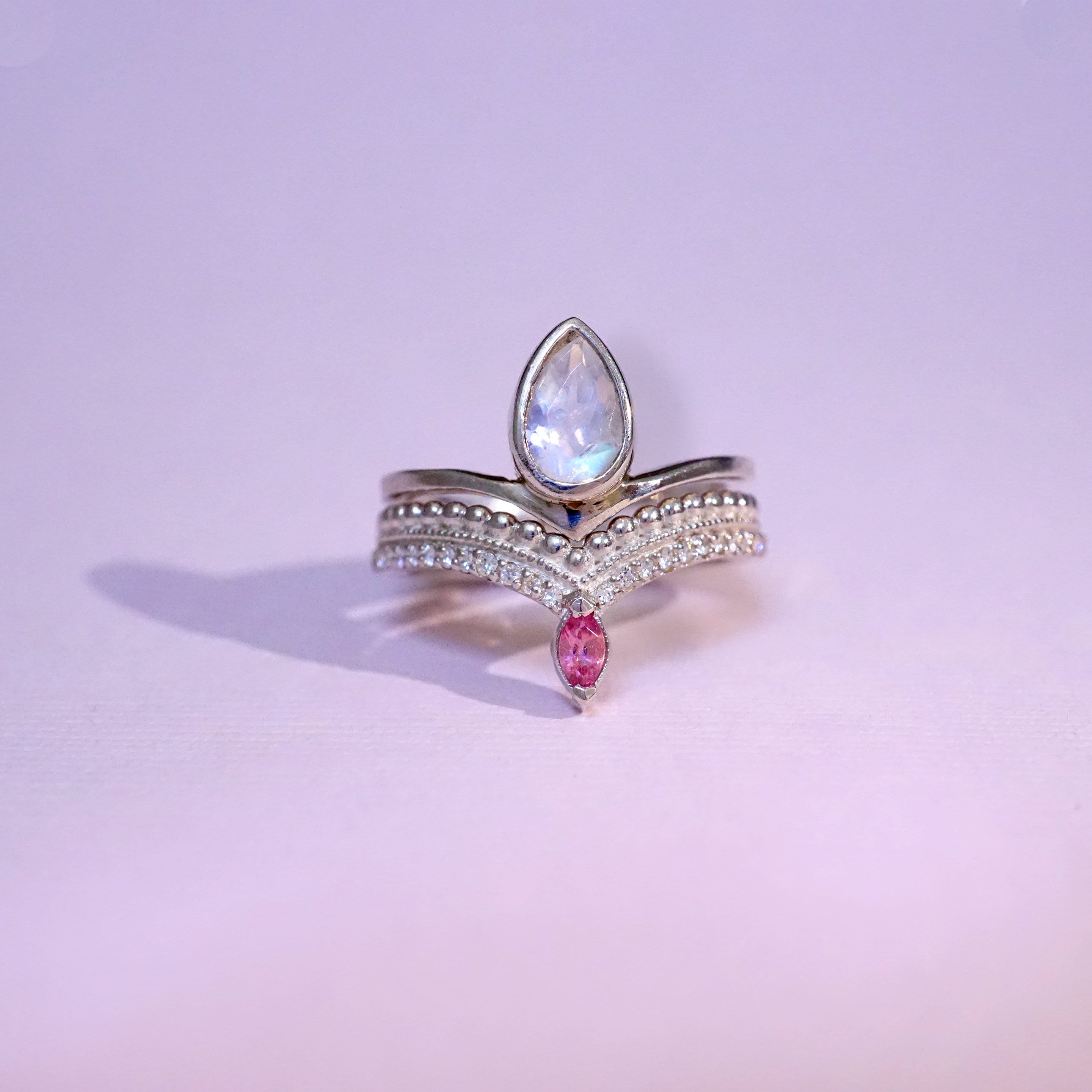 Pear Moonstone Ring + Nesting Band With Pink Tourmaline - Etsy