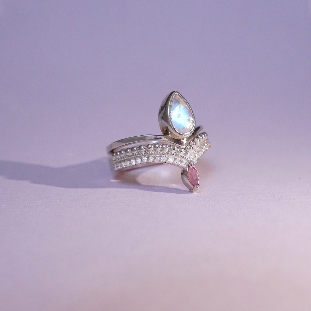 Pear Moonstone Ring + Nesting Band With Pink Tourmaline - Etsy