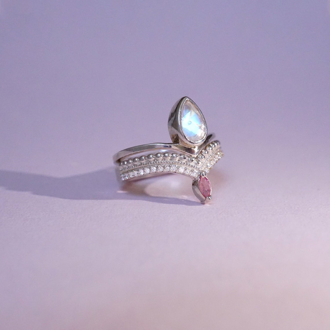 Pear Moonstone Ring Nesting Band With Pink Tourmaline | Etsy
