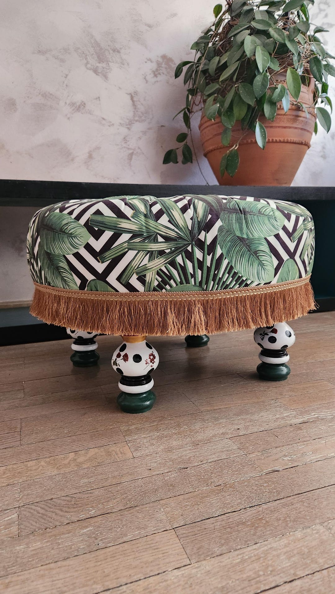 Hand Painted Legs Ottoman.tropical Fringe Pouf.jungle Print Footstool ...