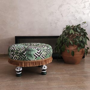 Hand Painted Legs Ottoman.tropical Fringe Pouf.jungle Print Footstool ...