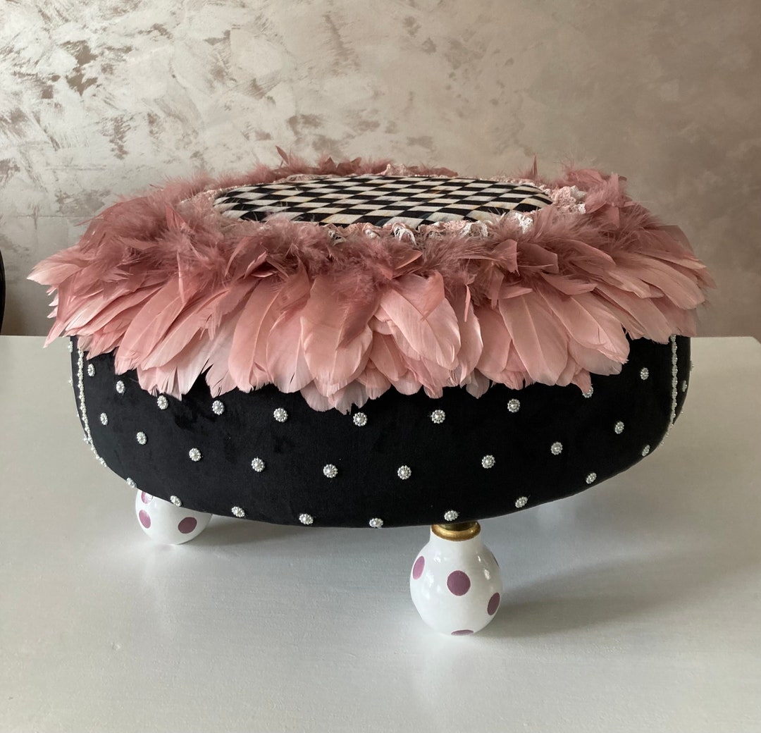 Custom Made Pouf With Feathers.romantic Round Ottoman.rose Feathers ...