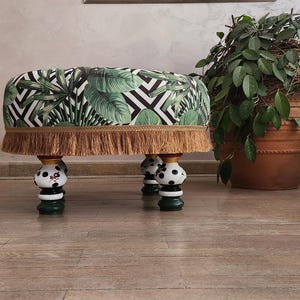 Hand Painted Legs Ottoman.tropical Fringe Pouf.jungle Print Footstool ...