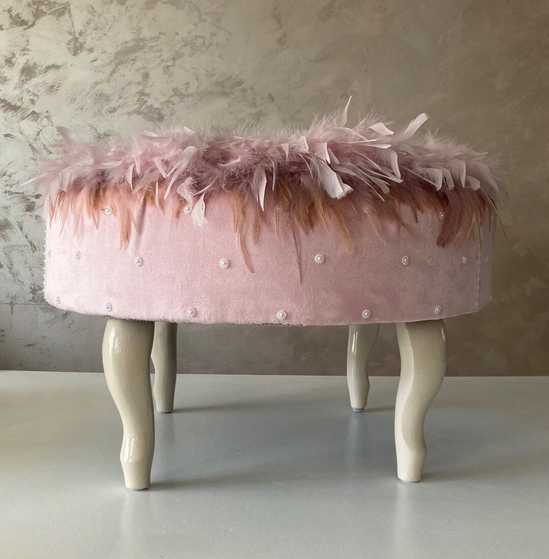 Floral Pink Pouf With Feathers. Stylish Ottoman. Eclectic Bohemian ...