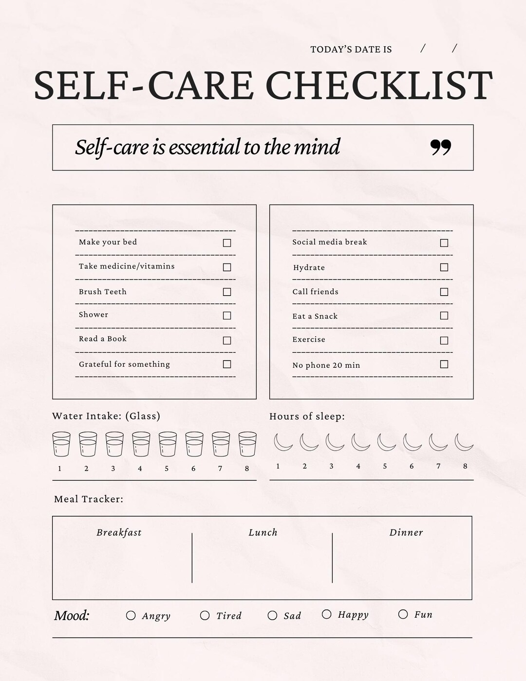 Self-care Checklist Printable, Daily Mental Health & Wellness Tracker ...