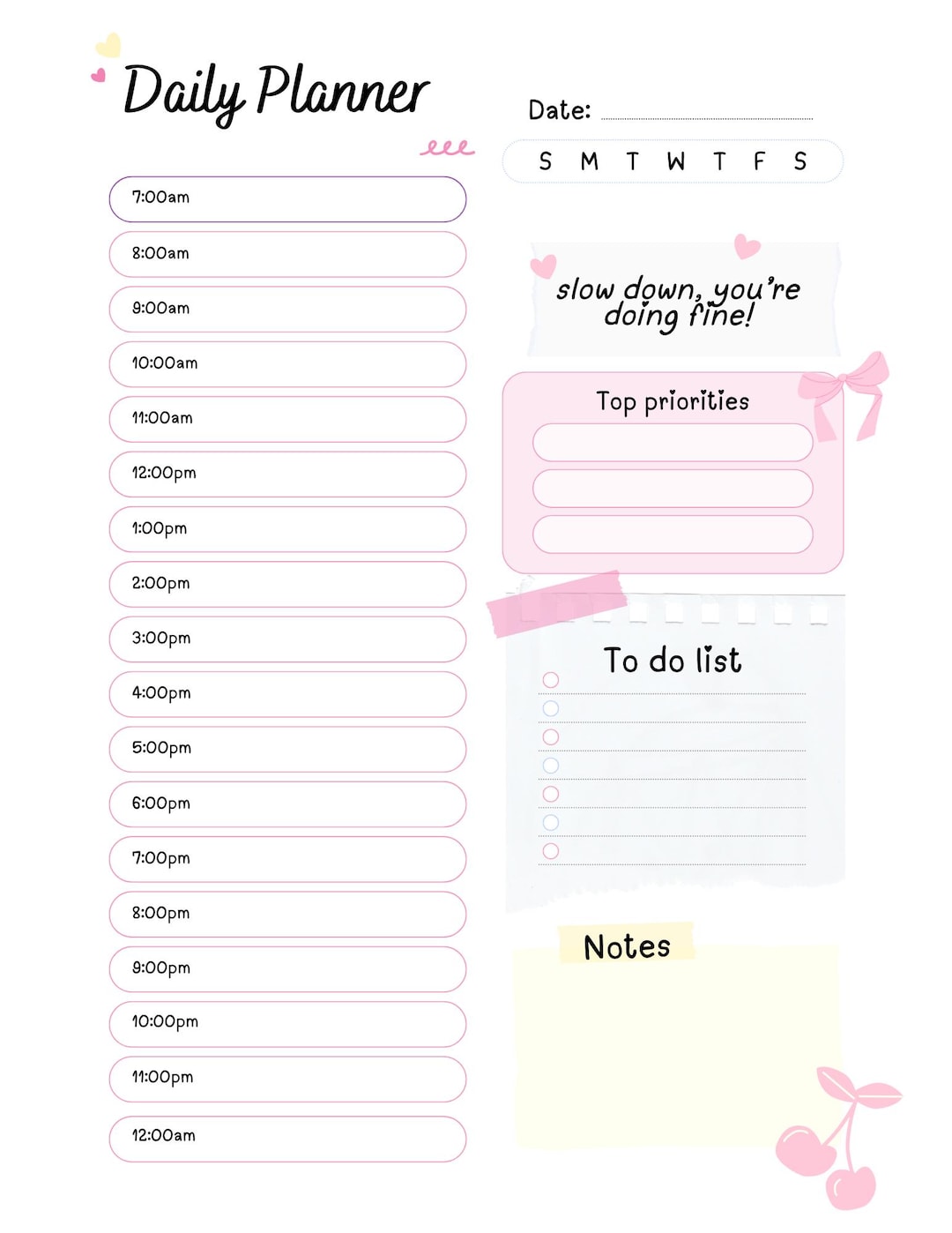 Printable Daily Planner | Pastel Pink Aesthetic | Hourly Schedule ...