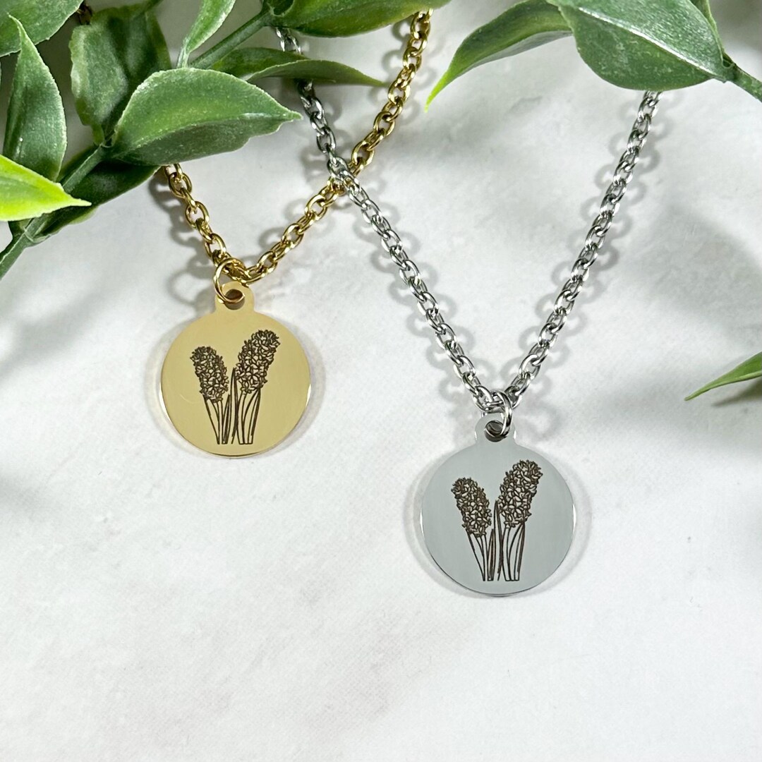 Hyacinth Necklace - Laser Engraved Stainless Steel Charm, Apollo and ...