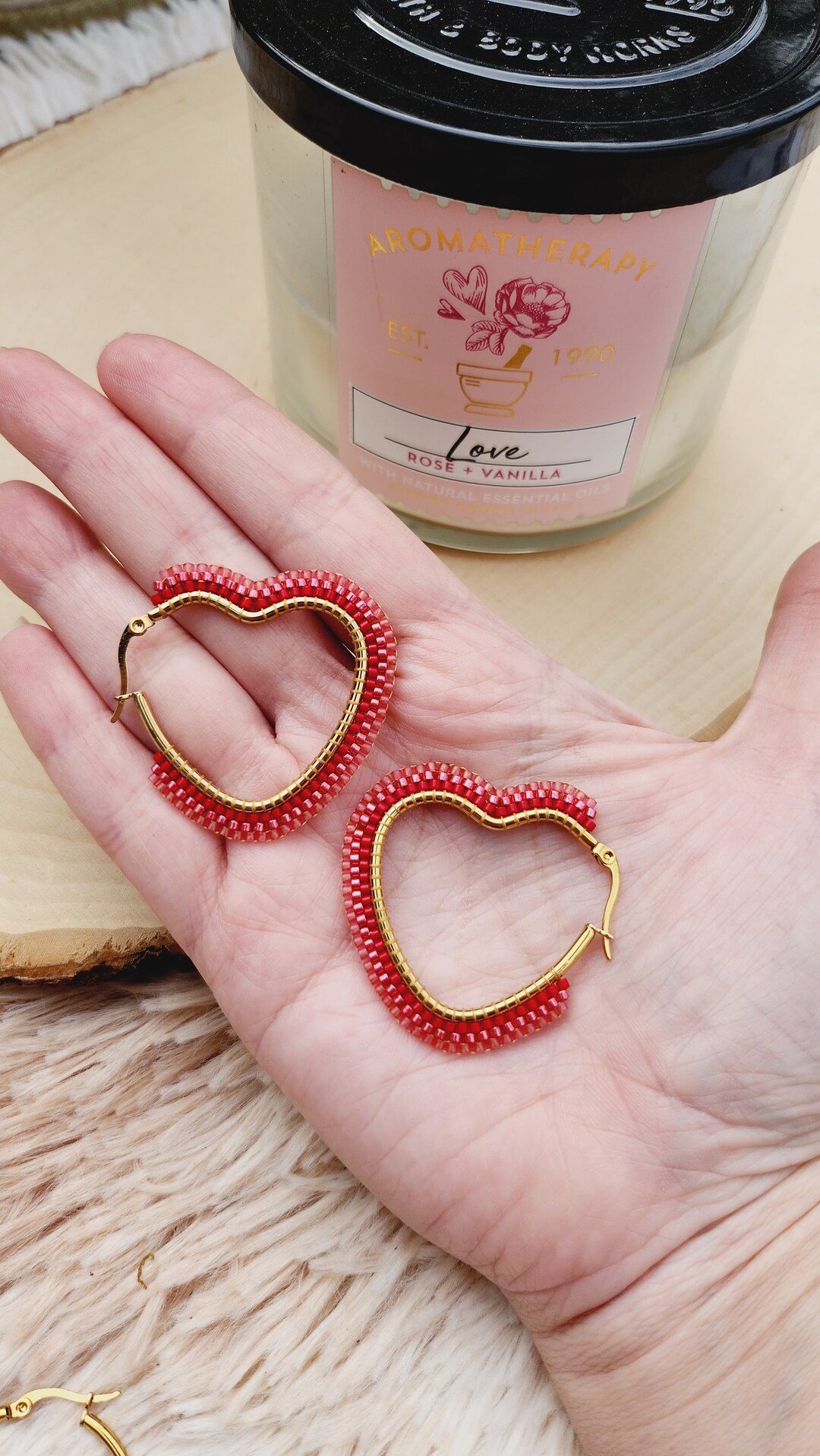 Valentine's Day Beaded Heart Hoop Earrings - Handmade Seed Bead Heart ...