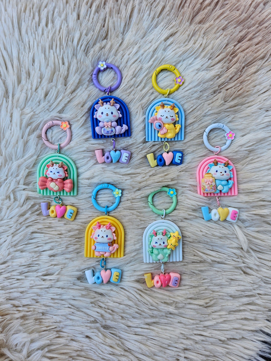 Dragon Chibi Kawaii Keychain With Hook, Cute Baby Dragon Love Rainbow ...