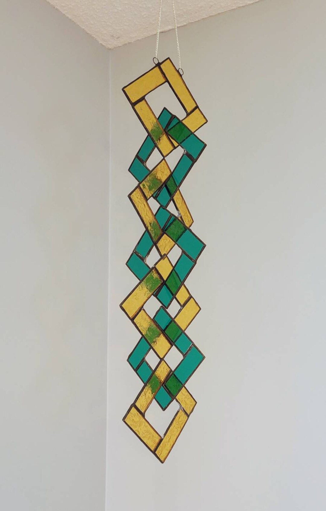 Teal and Yellow Diamond Chain Link Spinner Handmade Handcut Stained ...