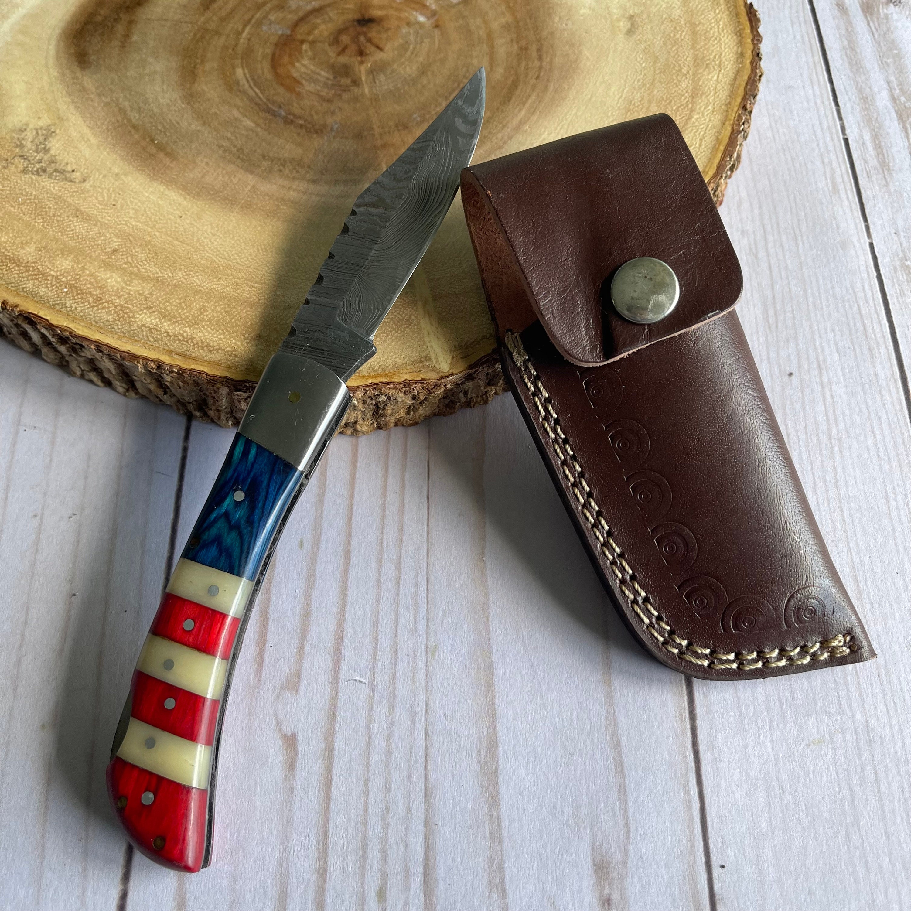 American Flag Damascus Steel Fancy Pocket Knife Gift for Him Camping ...