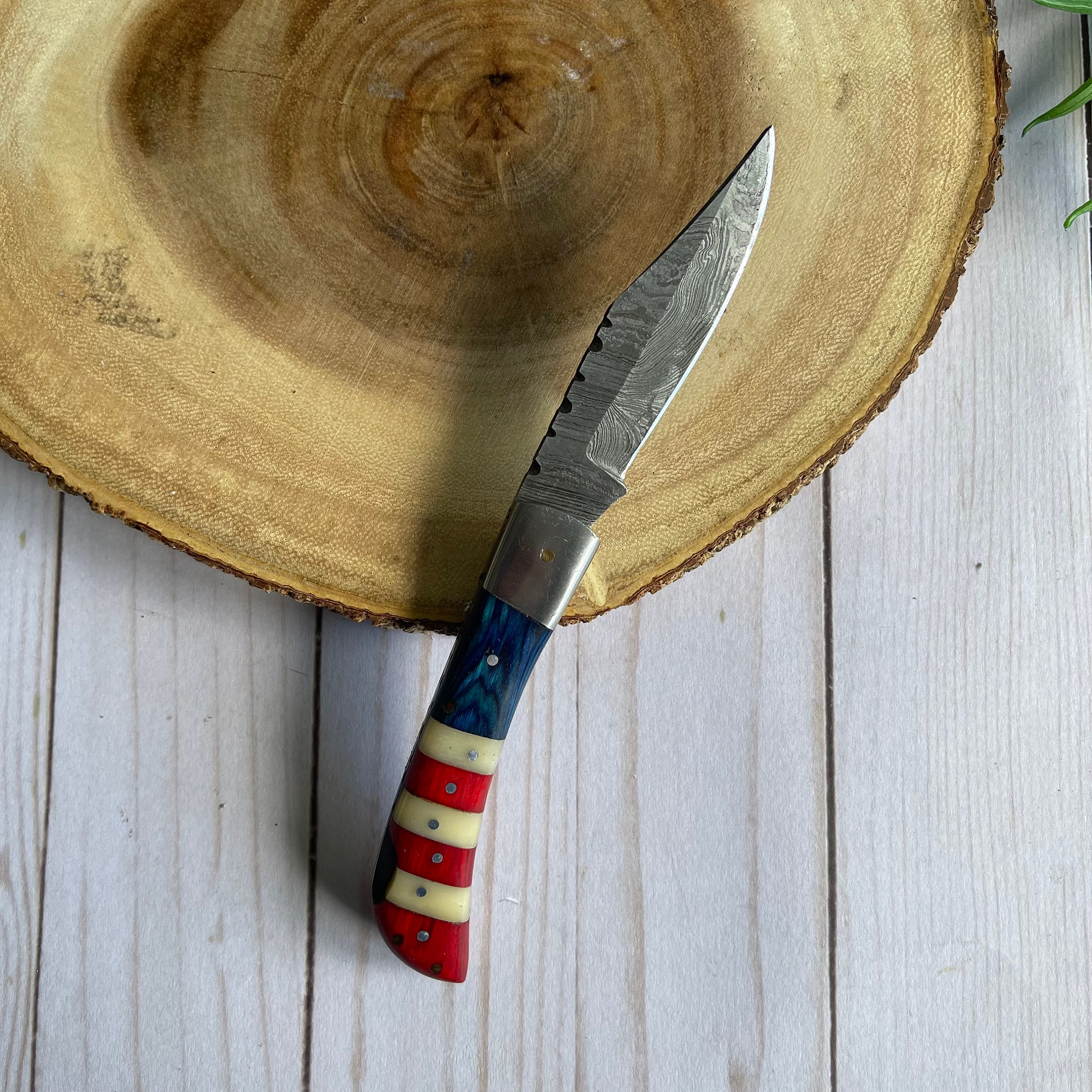 American Flag Damascus Steel Fancy Pocket Knife Gift for Him Camping ...