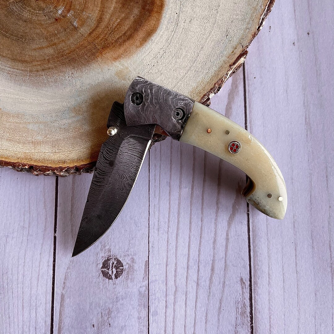 Bone Handle, Damascus Steel Pocket Knife, Damascus Folding Knife ...
