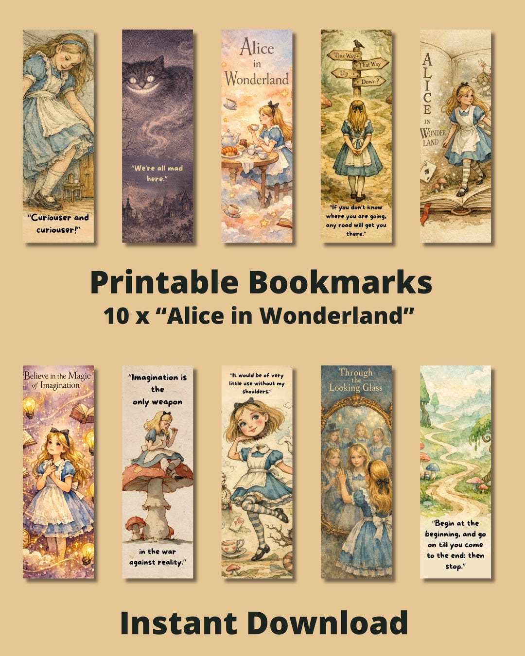 Printable 10 X "alice in Wonderland" Theme Bookmarks, Instant Download ...