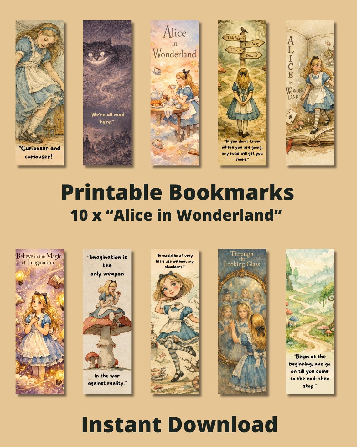 Printable 10 X "alice in Wonderland" Theme Bookmarks, Instant Download ...