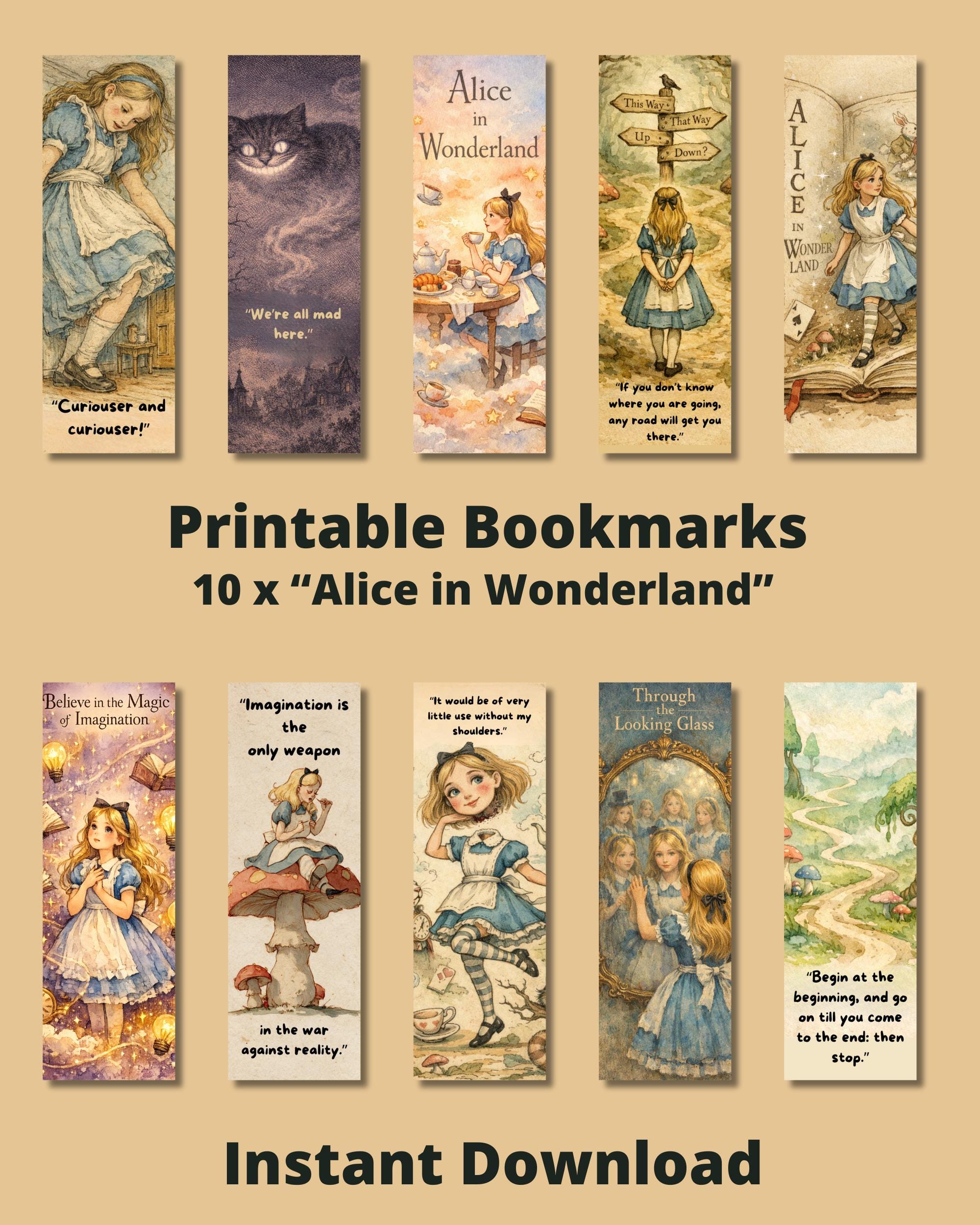 Printable 10 X "alice in Wonderland" Theme Bookmarks, Instant Download ...