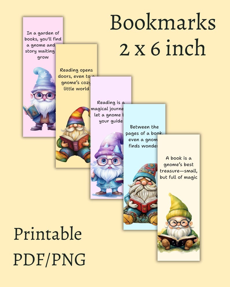 Printable 10 X Gnome Reading Bookmarks, Junk Journal Ephemera, Instant ...