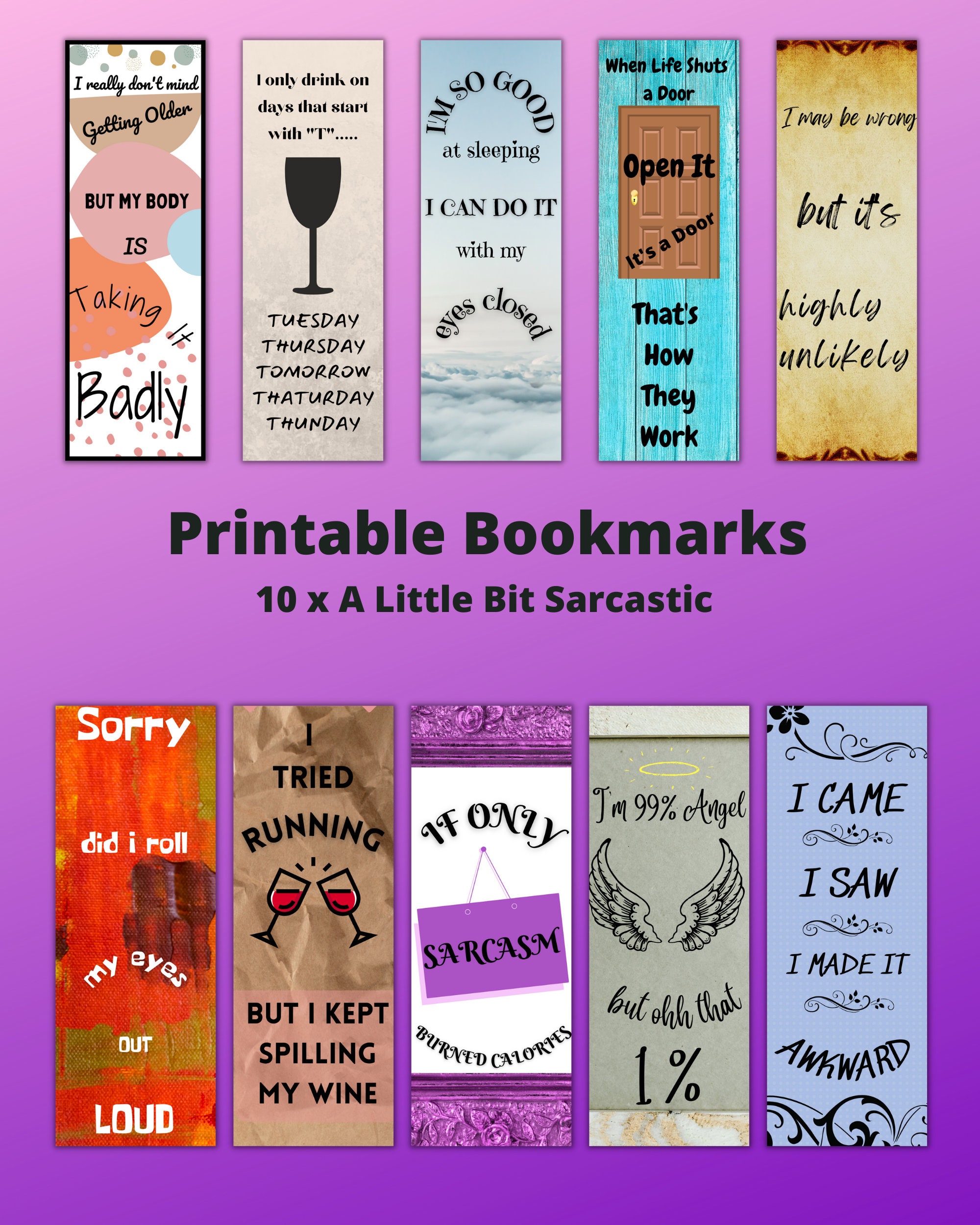 Printable 10 X A Little Bit Sarcastic Quote Bookmarks, Instant Download ...