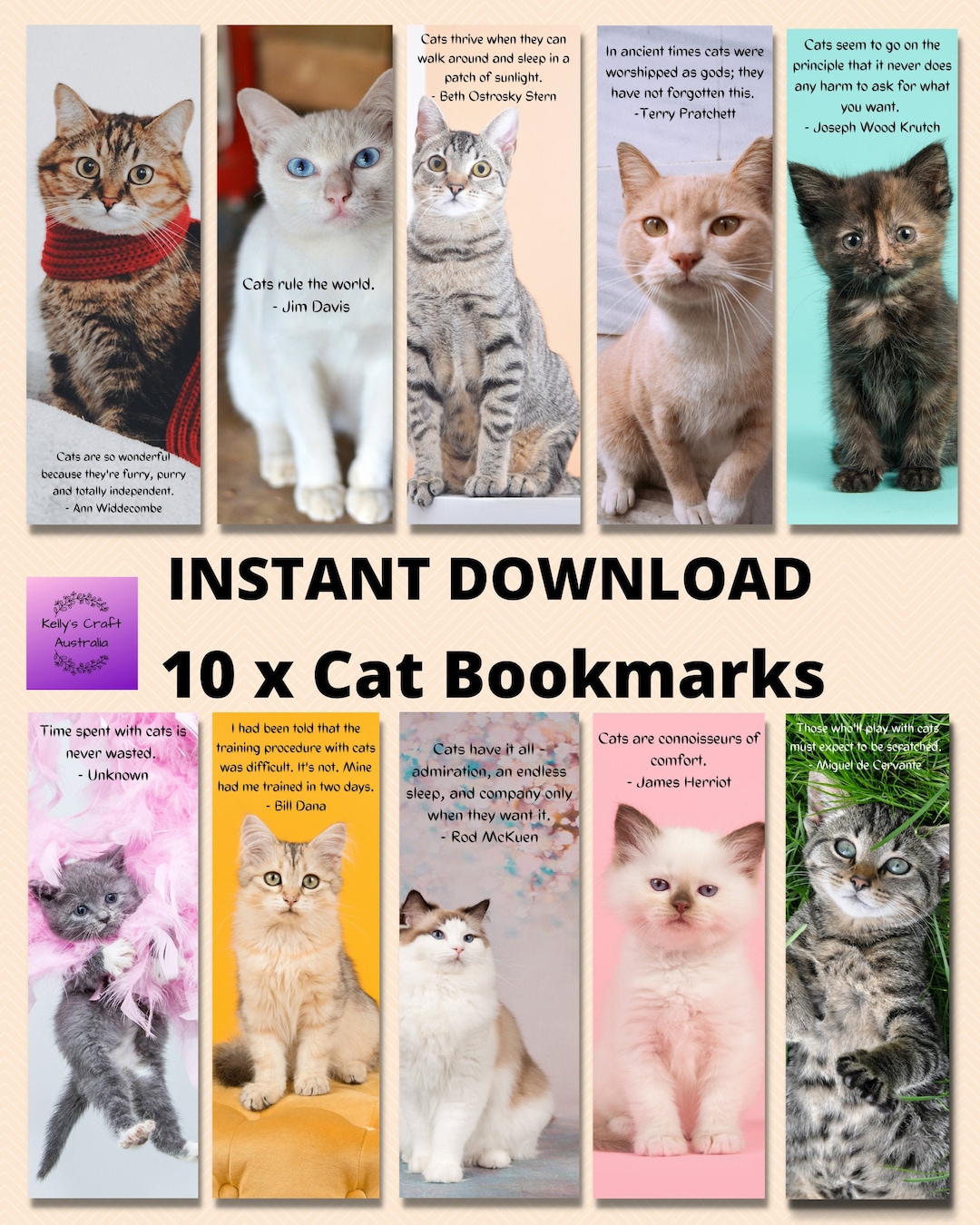 Printable 10 X Cat Bookmarks, Instant Download PDF - Etsy