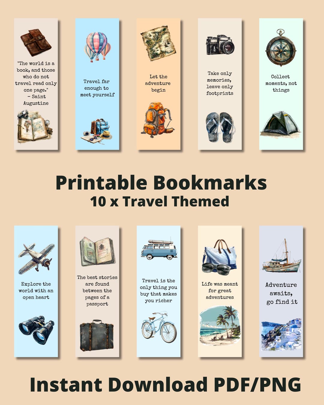 Printable 10 X Travel Themed Bookmarks, Junk Journal Ephemera, Instant ...