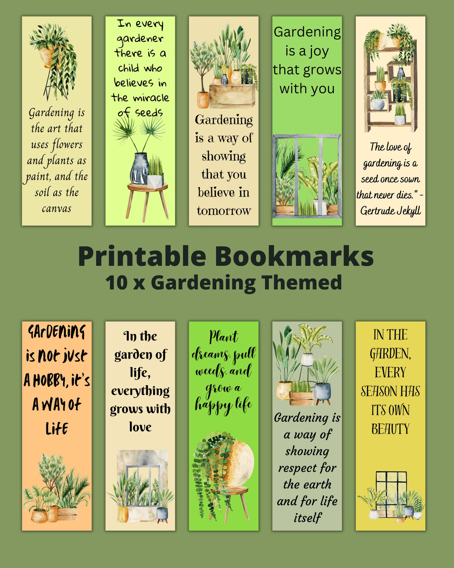 Printable 10 X Gardening Themed Bookmarks, Instant Download PDF - Etsy