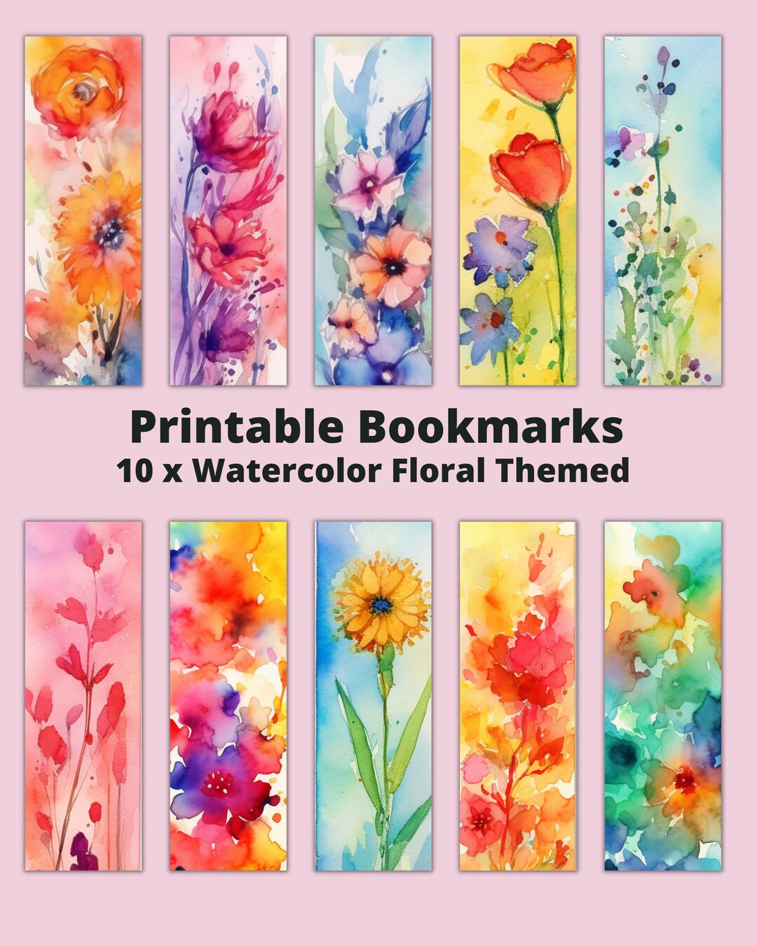 Printable 10 X Watercolor Floral Themed Bookmarks, Instant Download PDF ...