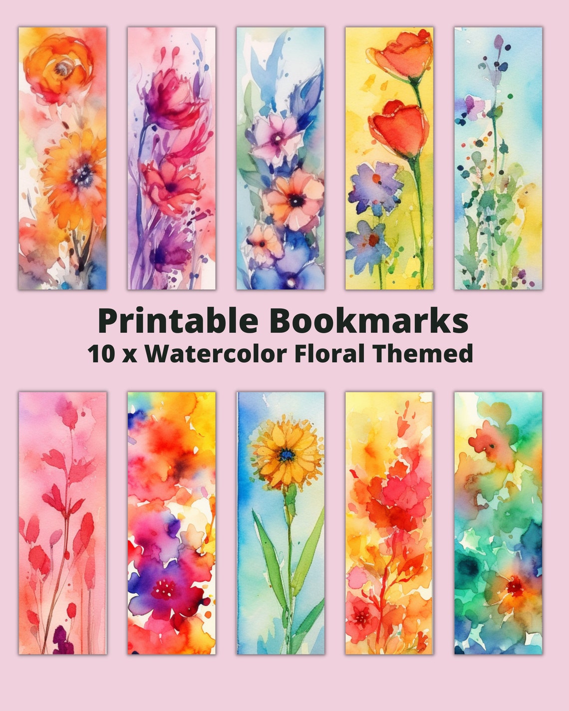 Printable 10 X Watercolor Floral Themed Bookmarks, Instant Download PDF ...