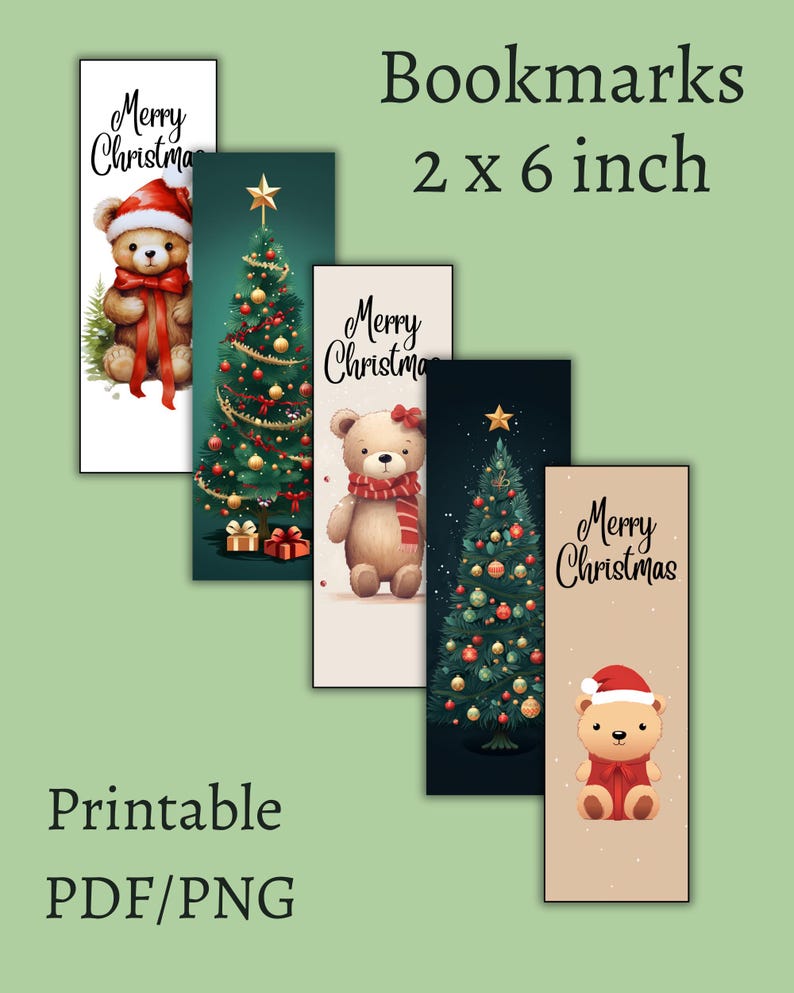 Printable 10 X Christmas Teddy and Trees Bookmarks, Instant Download ...