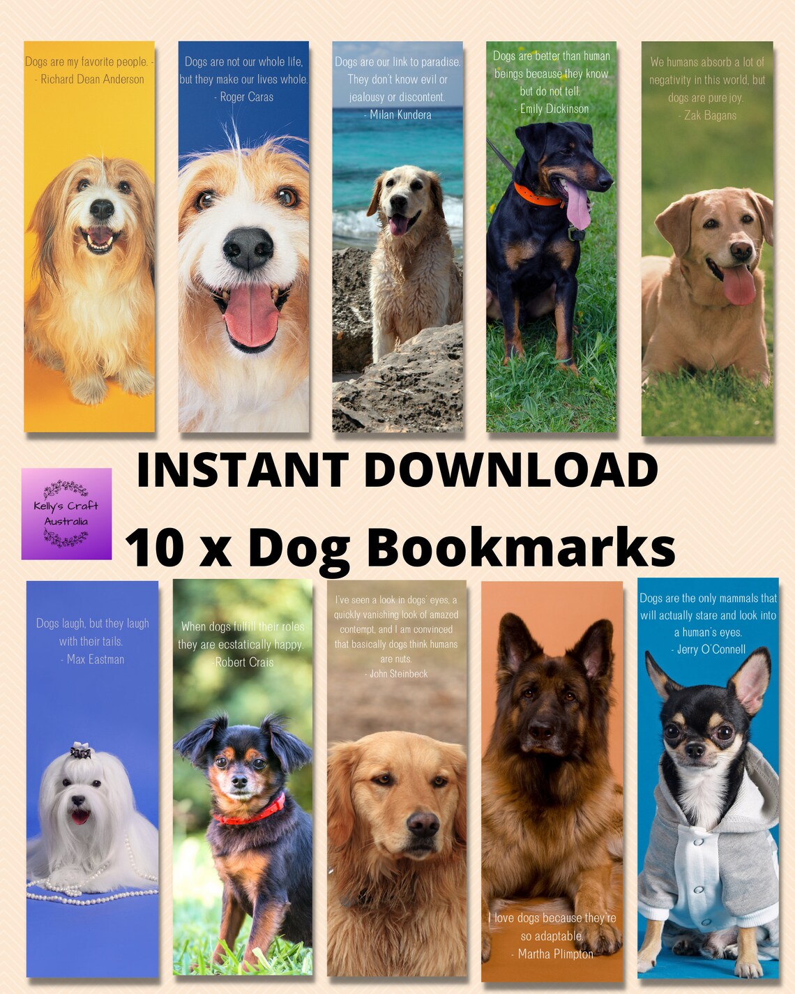 Printable 10 X Dog Bookmarks, Instant Download PDF - Etsy