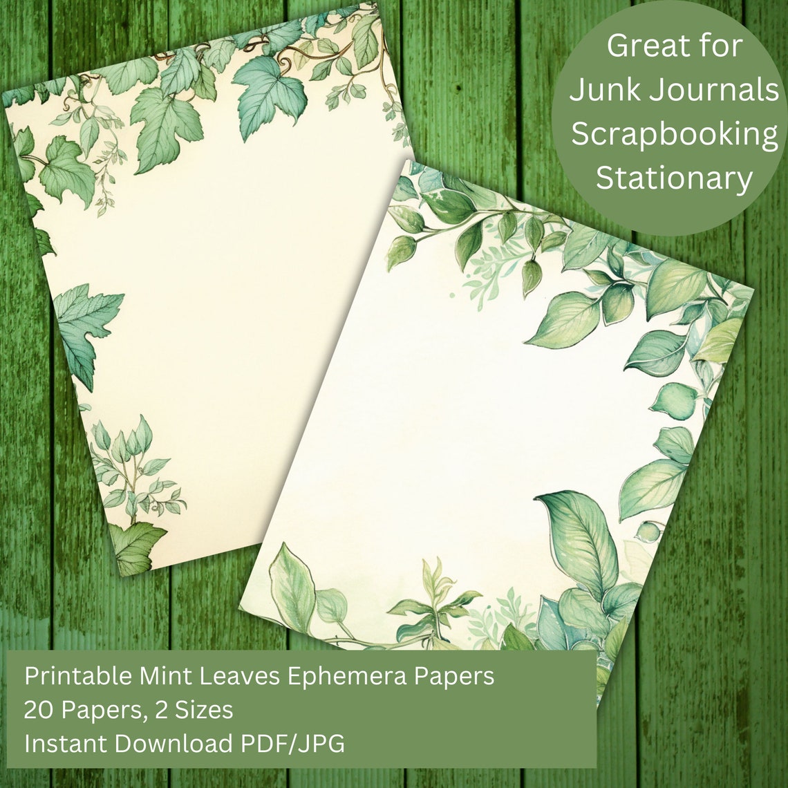 Printable Mint Leaves Paper Pack, 20 Scrapbook Junk Journal Background ...