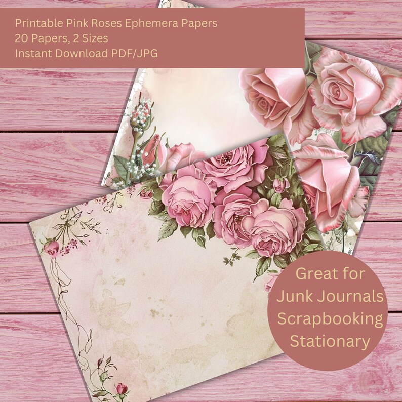 Printable Pink Roses Paper Pack, 20 Scrapbook Junk Journal Background ...