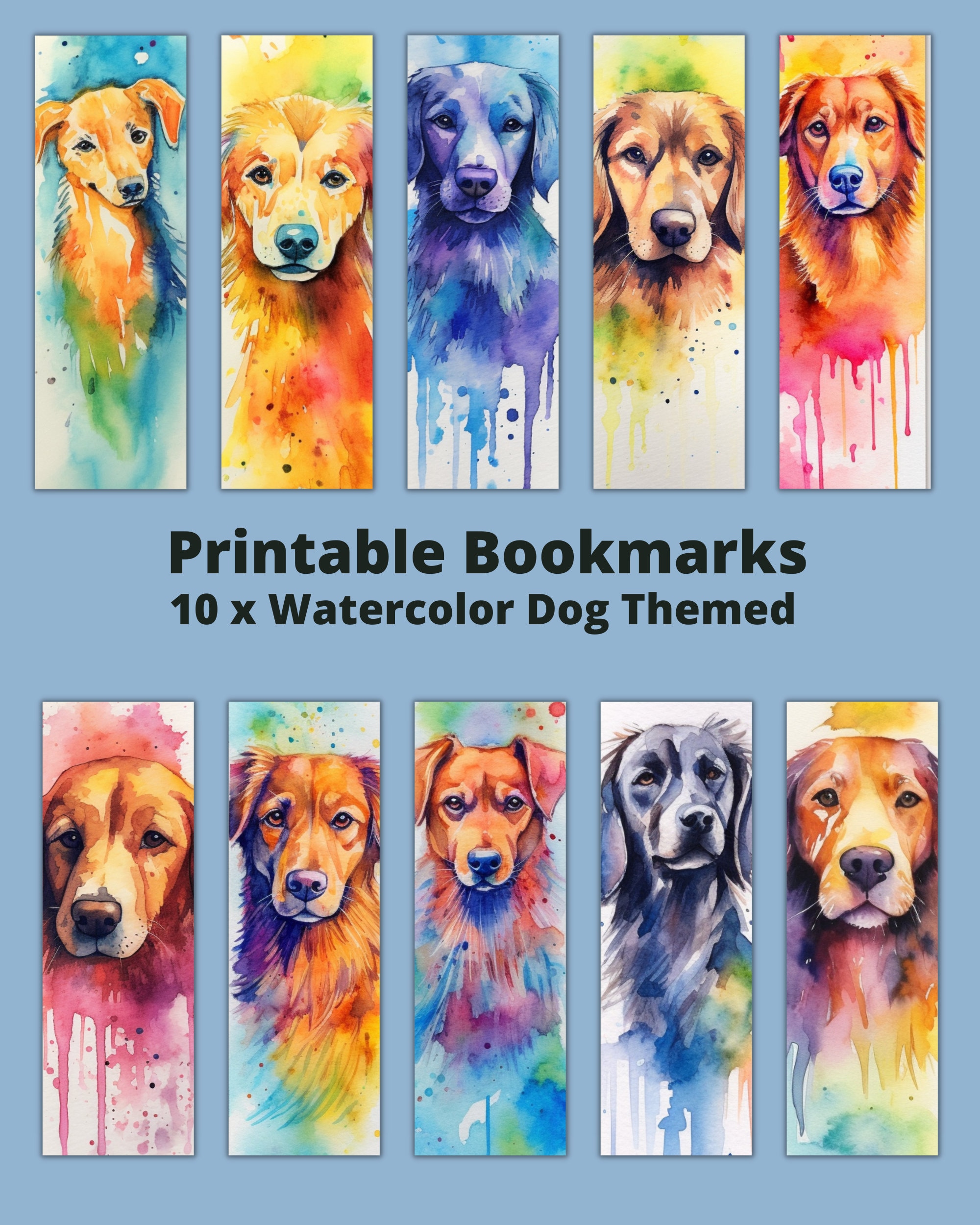 Printable 10 X Watercolor Dog Themed Bookmarks, Instant Download PDF ...