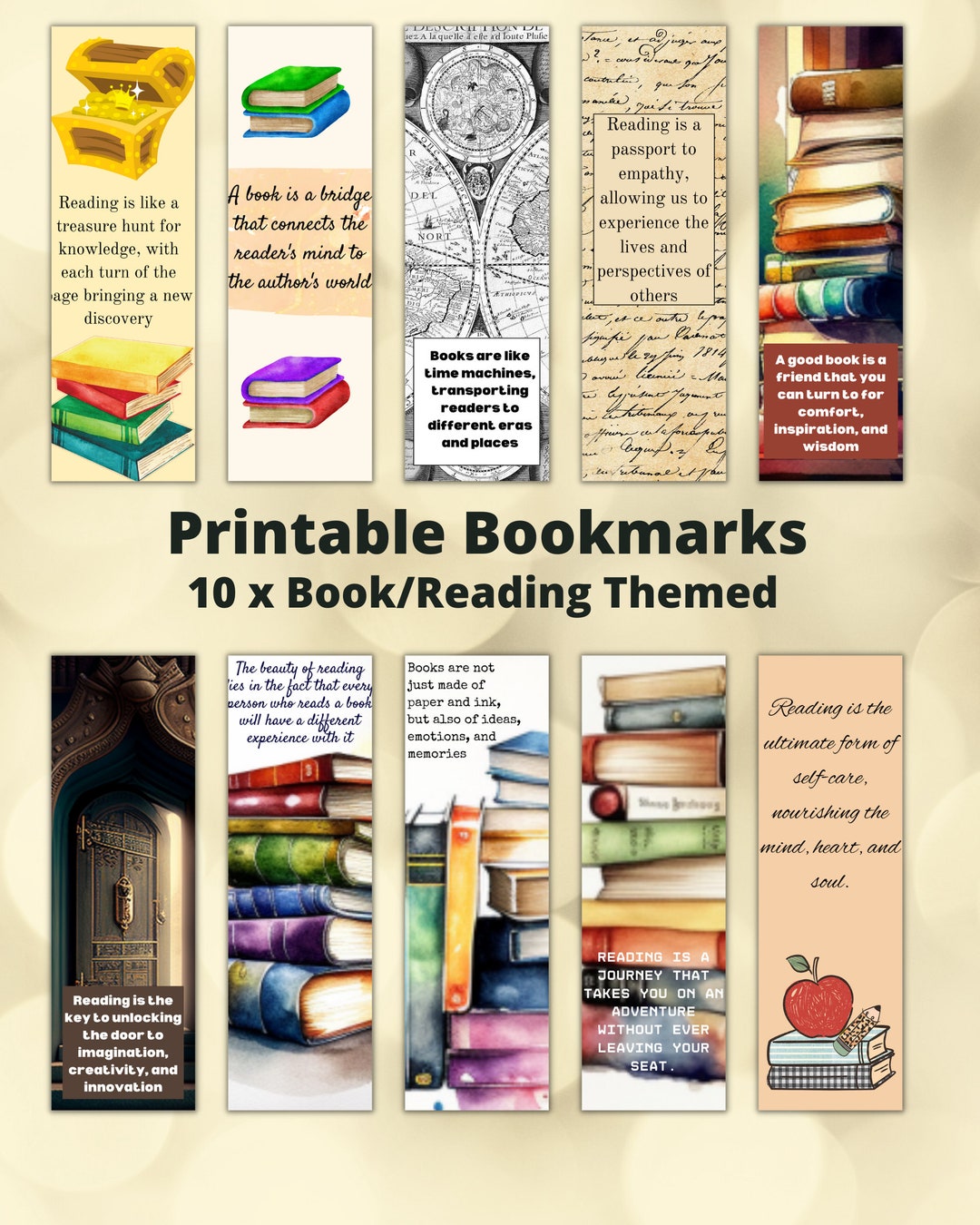Printable 10 X Books/reading Themed Bookmarks, Instant Download PDF/PNG ...