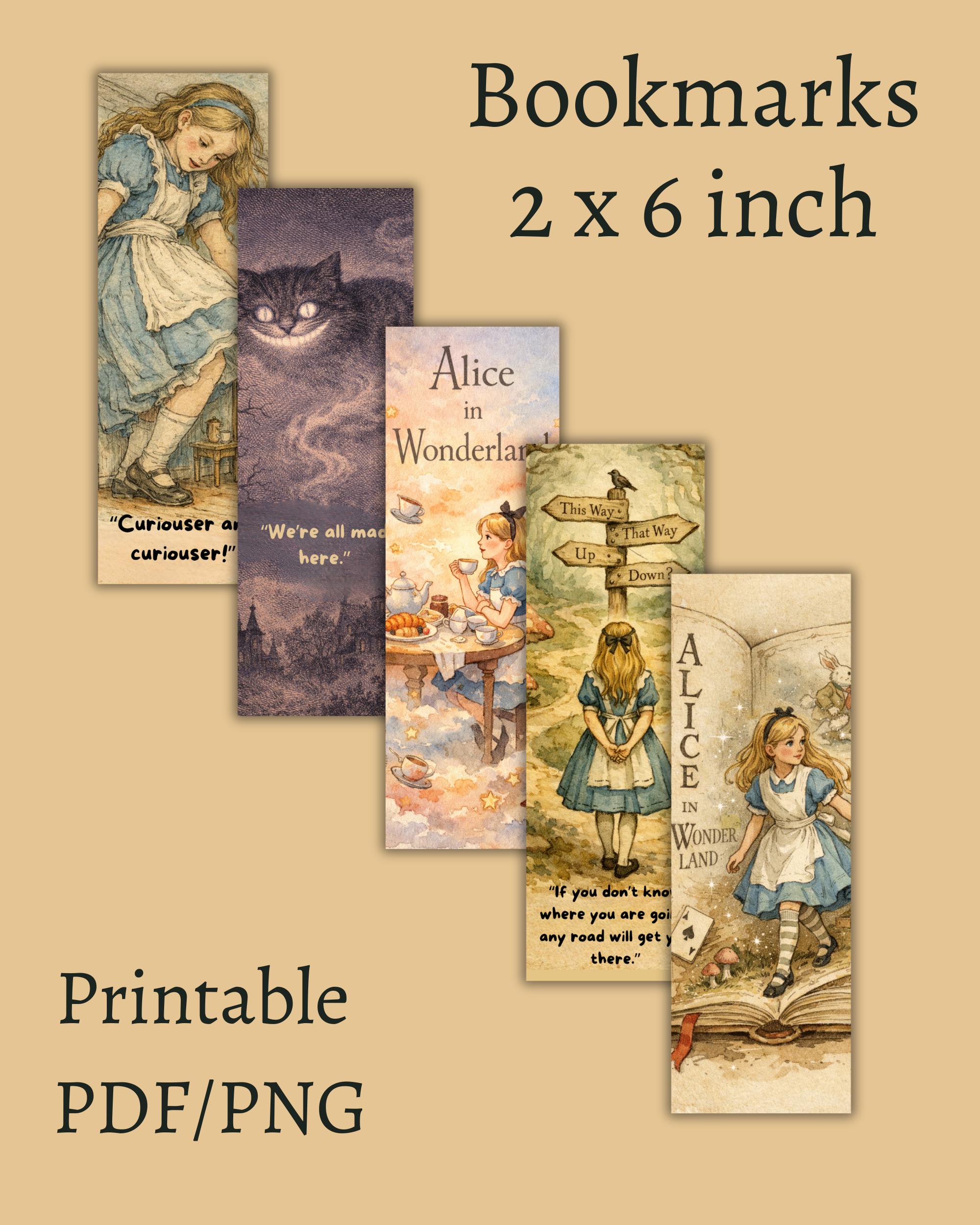 Printable 10 X "alice in Wonderland" Theme Bookmarks, Instant Download ...