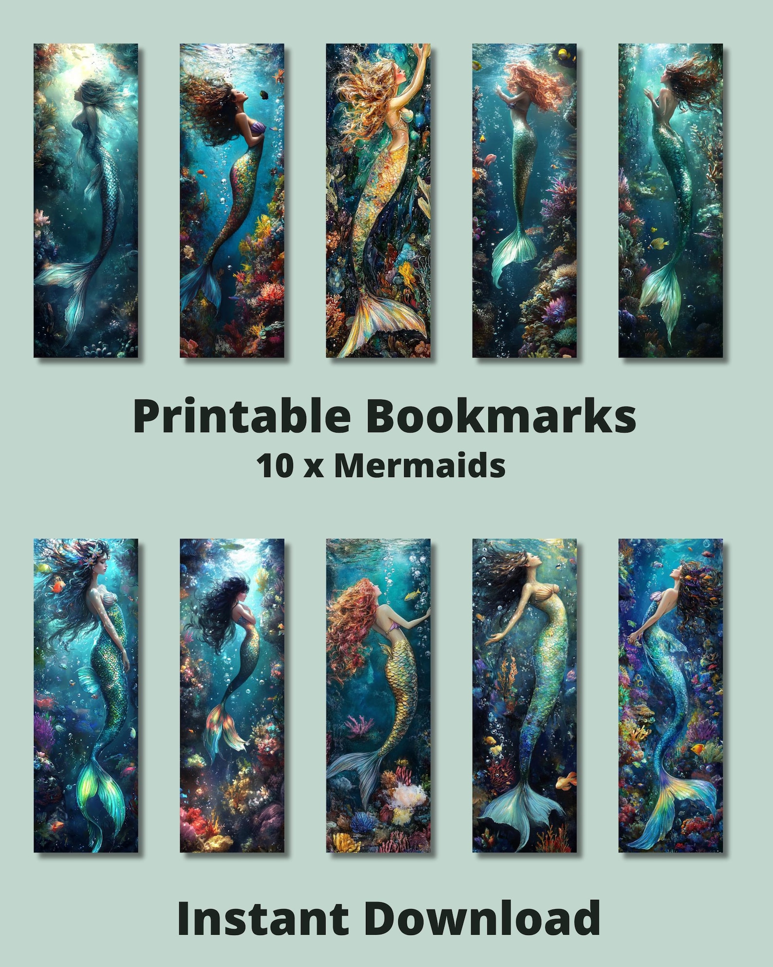 Printable 10 X Mermaids Bookmarks, Instant Download PDF/JPG - Etsy