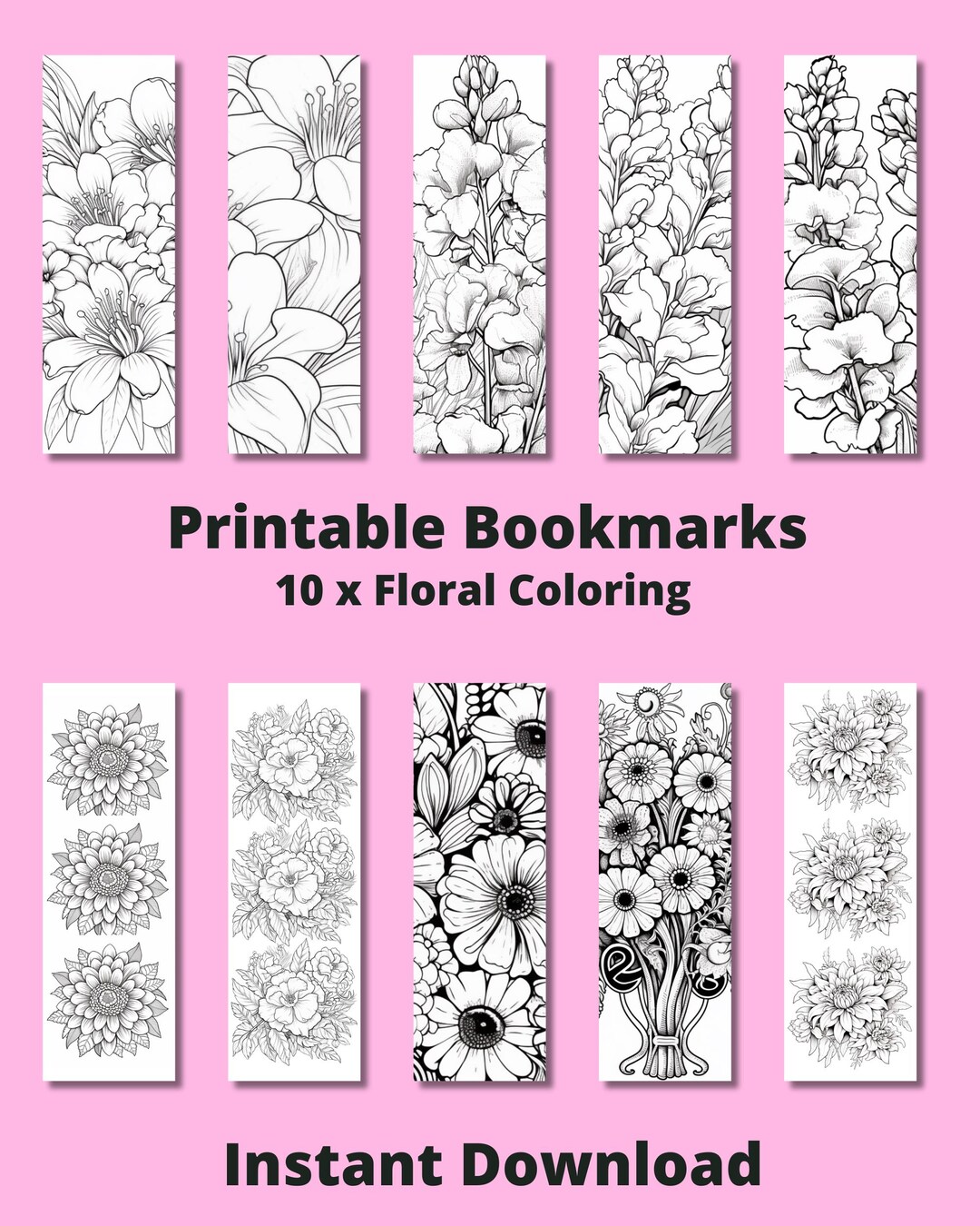 Printable 10 X Floral Coloring Bookmarks, Instant Download PDF/PNG - Etsy