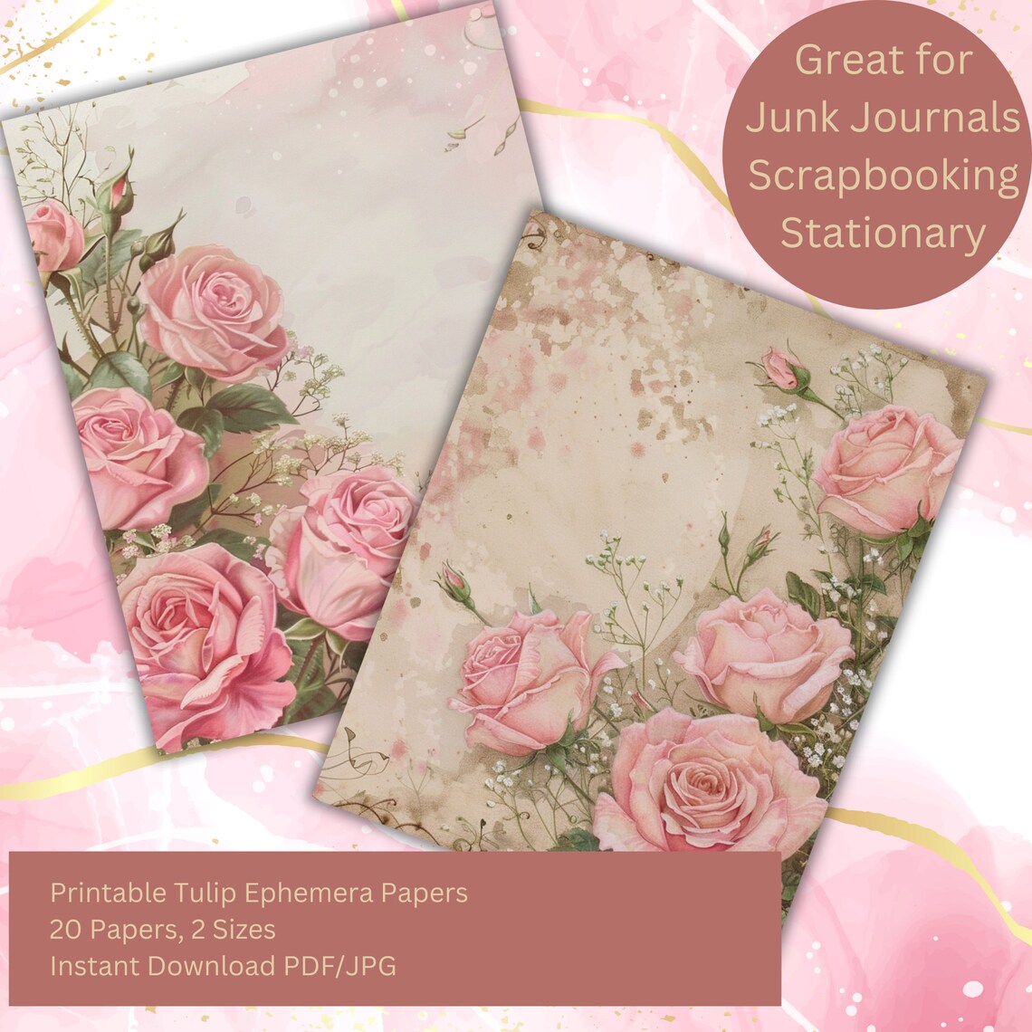 Printable Pink Roses Paper Pack, 20 Scrapbook Junk Journal Background ...