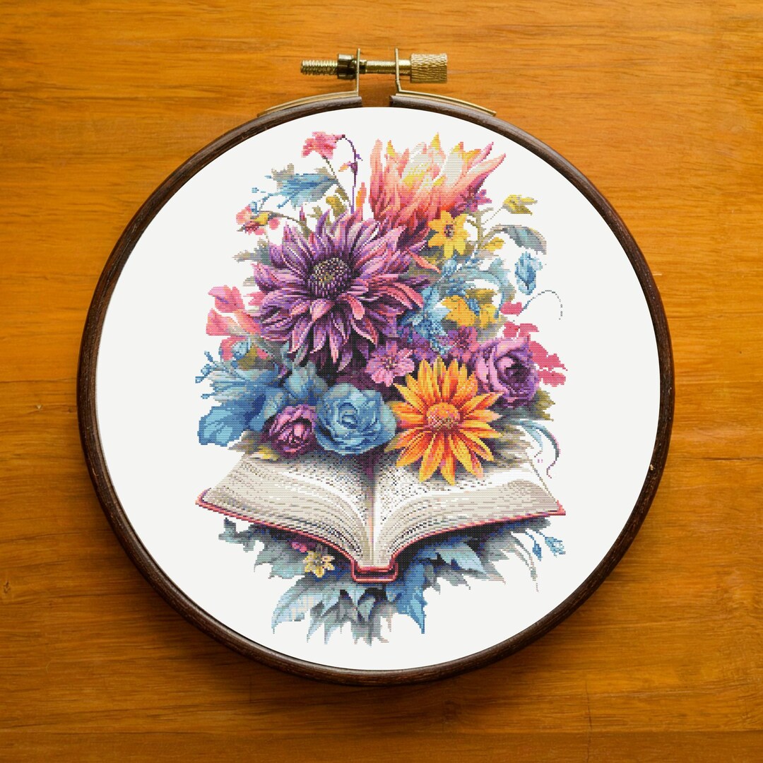 Printable Cross Stitch Pattern, "open Book With Flowers" Counted Cross ...