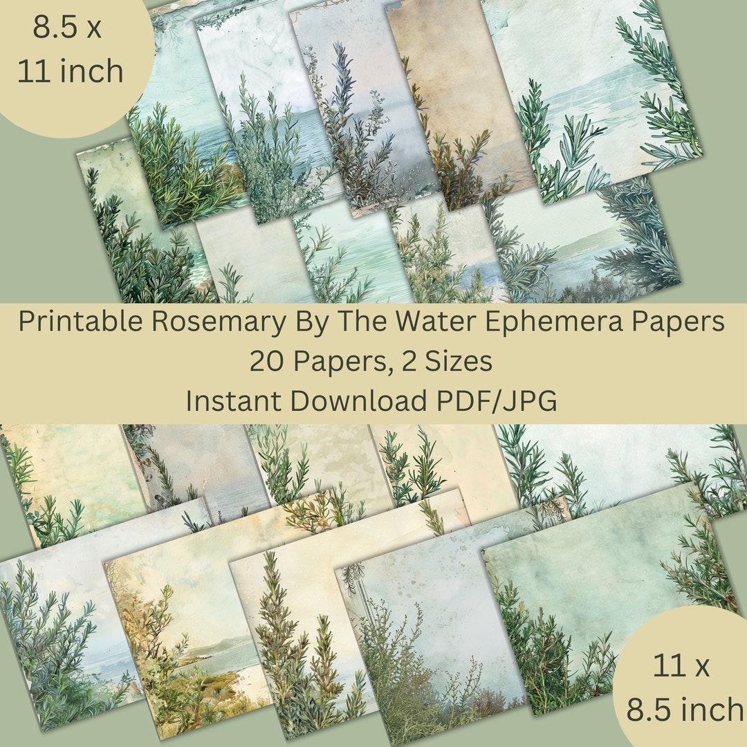Printable Rosemary by the Water Paper Pack, 20 Scrapbook Junk Journal ...