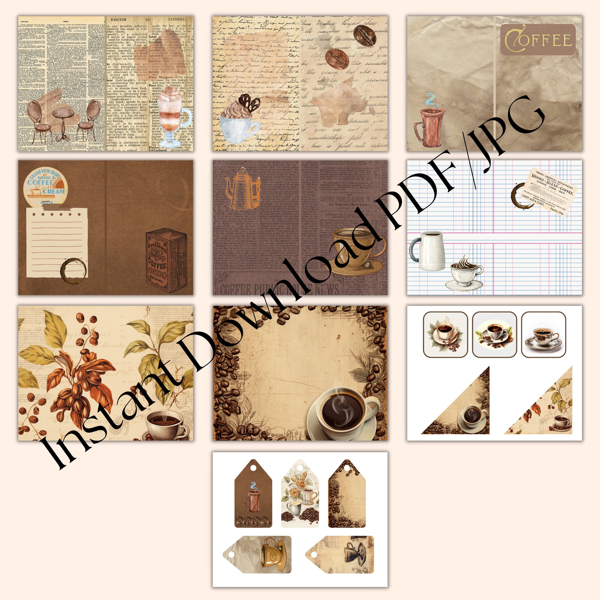 Printable Coffee Theme Pages & Tags, Junk Journal, Scrapbook Ephemera ...