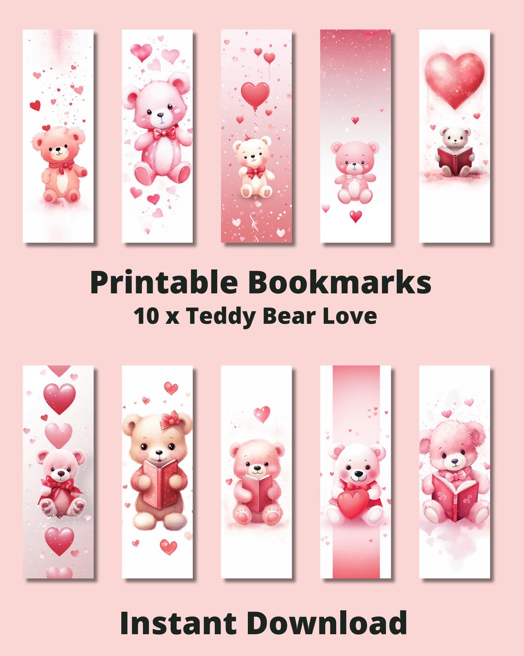 Printable 10 X Teddy Bear Love Bookmarks, Instant Download PDF/PNG - Etsy