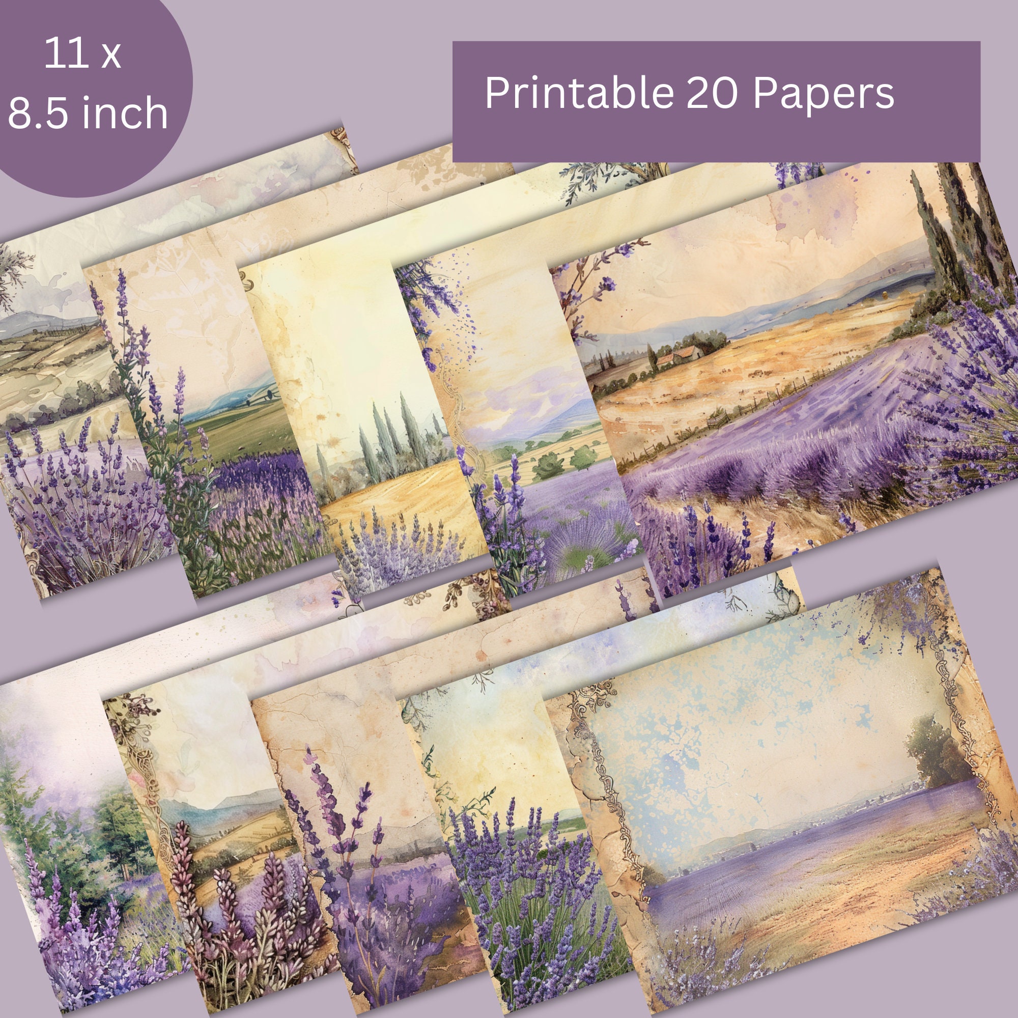 Printable Lavender Fields Paper Pack, 20 Scrapbook Junk Journal ...