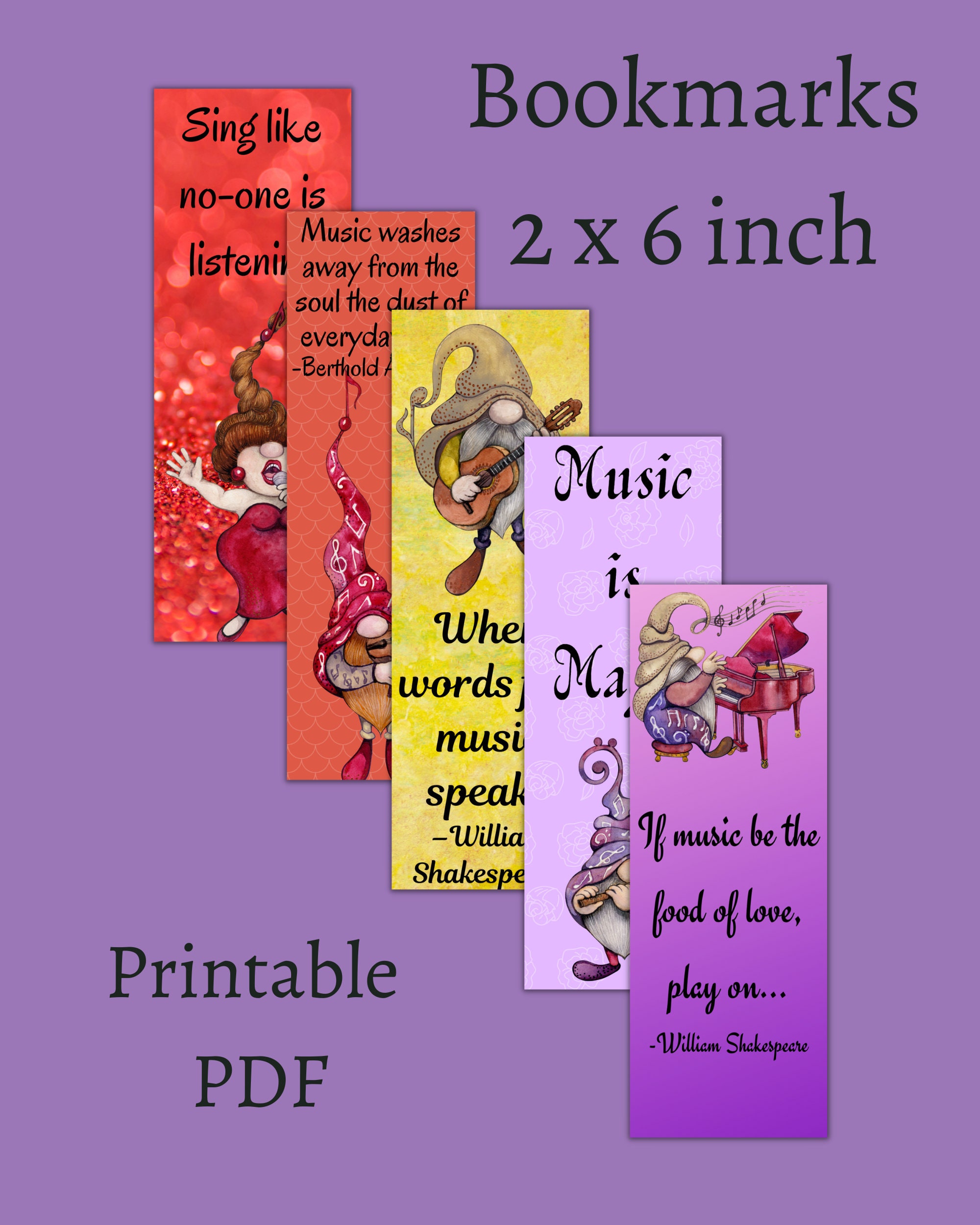 Printable 10 X Musical Gnomes Bookmarks Instant Download PDF - Etsy